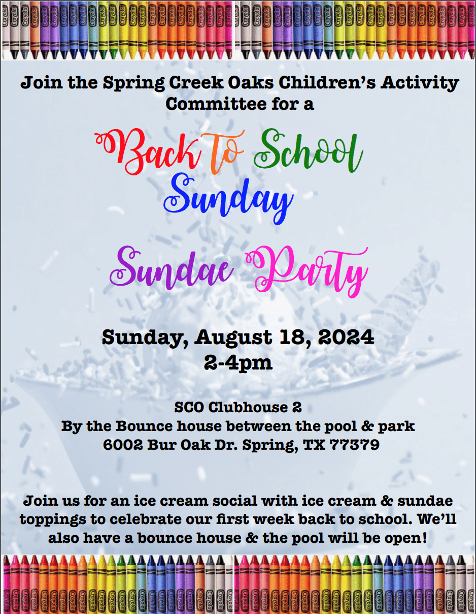 SCO Kids Committee – Back to School Sundae Sunday Party on 8/18 2-4p ...